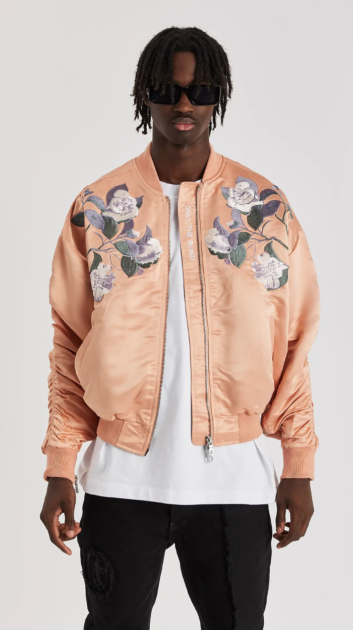 ONLY THE BLIND - Signature Satin Peach Embroidered Bomber Jacket